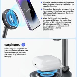 2 in 1 Foldable Magnetic Wireless Charger, 15W Fast Charging Mag-Safe Charger Stand for iPhone 15/14/13/12 Series, Portable Wireless Charging Station for AirPods 3/Pro/2 (with QC3.0 Adapter)