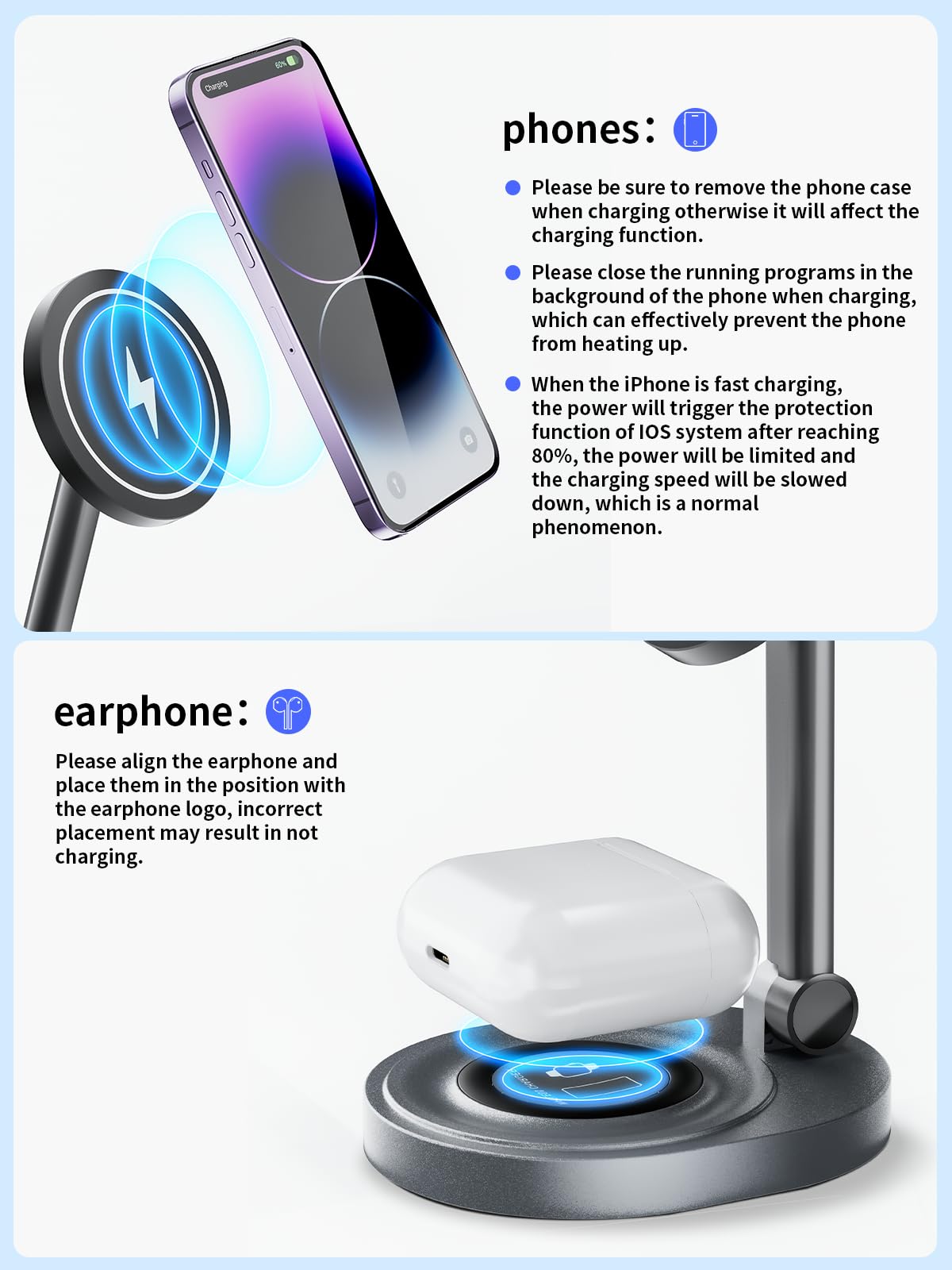 2 in 1 Foldable Magnetic Wireless Charger, 15W Fast Charging Mag-Safe Charger Stand for iPhone 15/14/13/12 Series, Portable Wireless Charging Station for AirPods 3/Pro/2 (with QC3.0 Adapter)