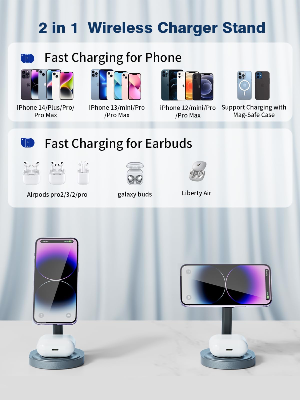 2 in 1 Foldable Magnetic Wireless Charger, 15W Fast Charging Mag-Safe Charger Stand for iPhone 15/14/13/12 Series, Portable Wireless Charging Station for AirPods 3/Pro/2 (with QC3.0 Adapter)