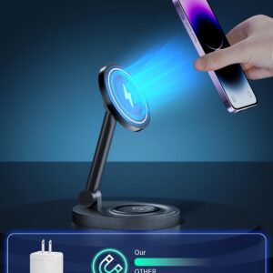 2 in 1 Foldable Magnetic Wireless Charger, 15W Fast Charging Mag-Safe Charger Stand for iPhone 15/14/13/12 Series, Portable Wireless Charging Station for AirPods 3/Pro/2 (with QC3.0 Adapter)