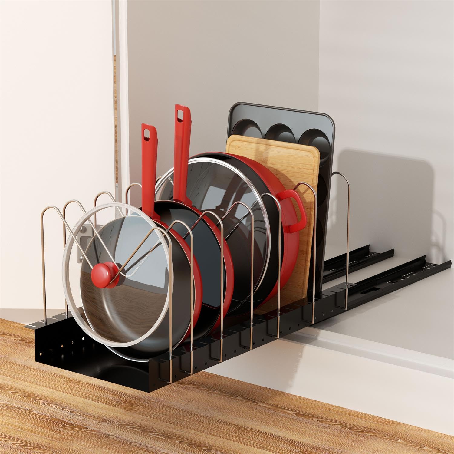 Pull Out Pots and Pans Organizer for Cabinet - Sliding Lid Holder and Pan Rack in Kitchen, Cabinet Pull Out Shelves, Slide Out Cabinet Organizer, Pot Lid, Bakeware and Pan Organizer, 16.5"Dx8"Wx7.5"H