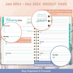 2024 Planner - Planner 2024, Jan. 2024 - Dec. 2024, 6.3" x 8.4", 2024 Planner Weekly and Monthly with Marked Tabs + Thick Paper + Contacts + Calendars + Holidays + Twin-Wire Binding - Purple Gilt