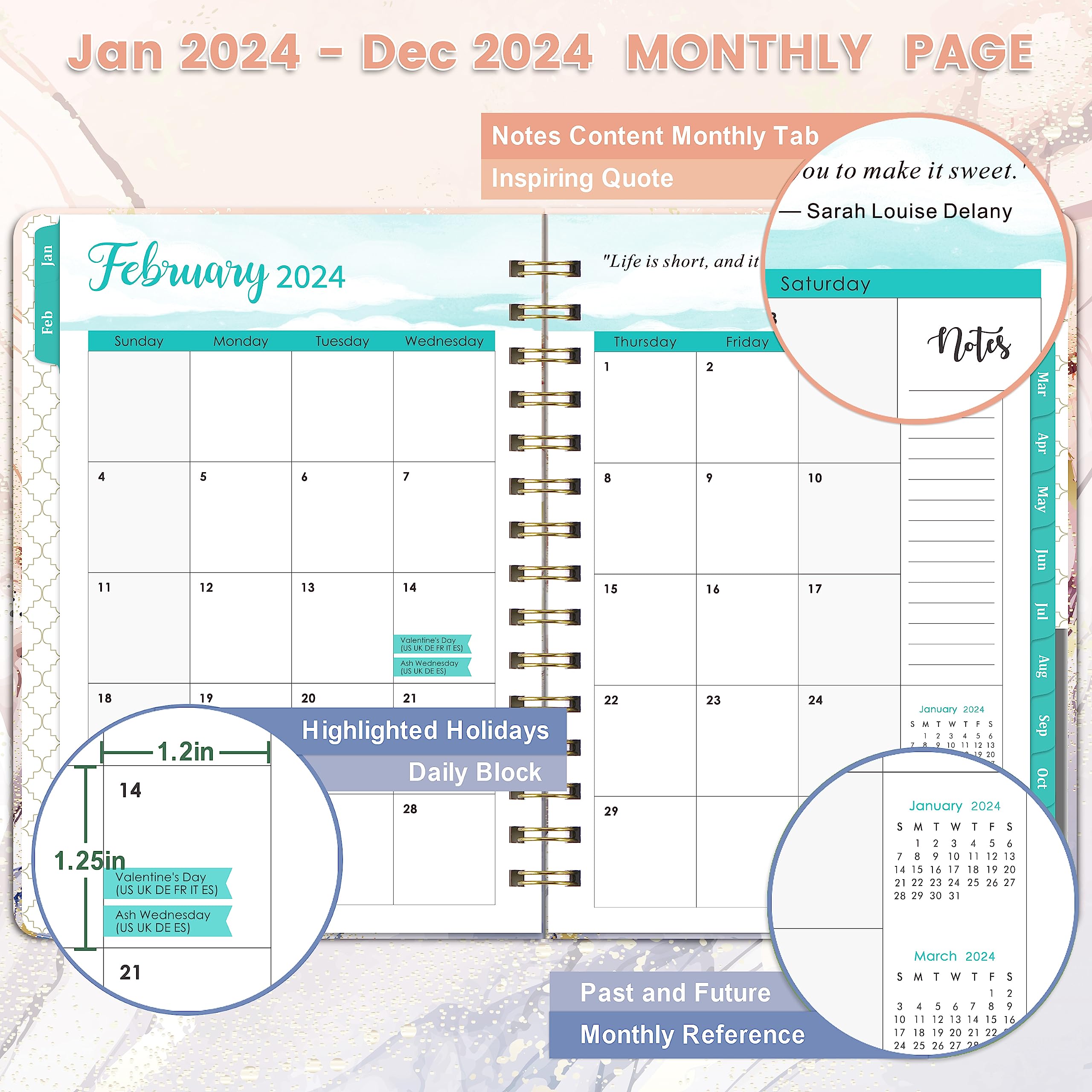 2024 Planner - Planner 2024, Jan. 2024 - Dec. 2024, 6.3" x 8.4", 2024 Planner Weekly and Monthly with Marked Tabs + Thick Paper + Contacts + Calendars + Holidays + Twin-Wire Binding - Purple Gilt