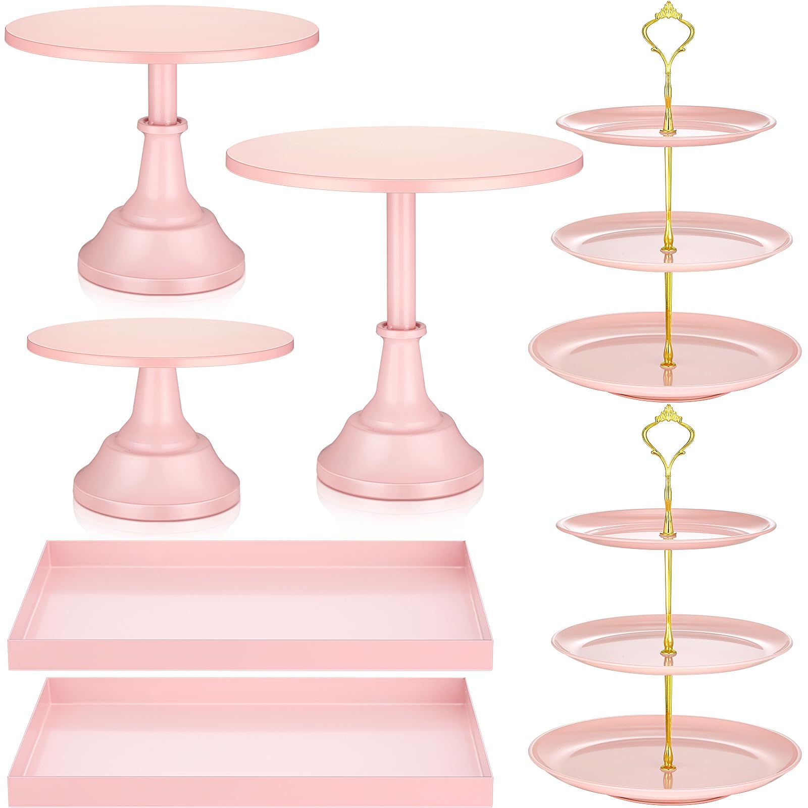 Tioncy 7 Pcs Cake Stand Set Metal Cupcake Holder Dessert Table Display Cupcake Display Plate Serving Platter Dessert Table Stands and Trays Set for Baby Shower Wedding Birthday Xmas Party (Pink)