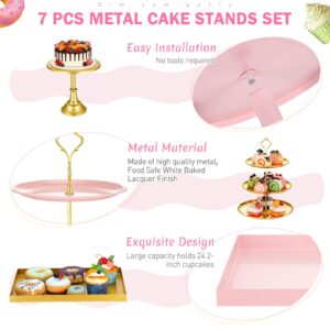 Tioncy 7 Pcs Cake Stand Set Metal Cupcake Holder Dessert Table Display Cupcake Display Plate Serving Platter Dessert Table Stands and Trays Set for Baby Shower Wedding Birthday Xmas Party (Pink)