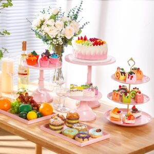 Tioncy 7 Pcs Cake Stand Set Metal Cupcake Holder Dessert Table Display Cupcake Display Plate Serving Platter Dessert Table Stands and Trays Set for Baby Shower Wedding Birthday Xmas Party (Pink)