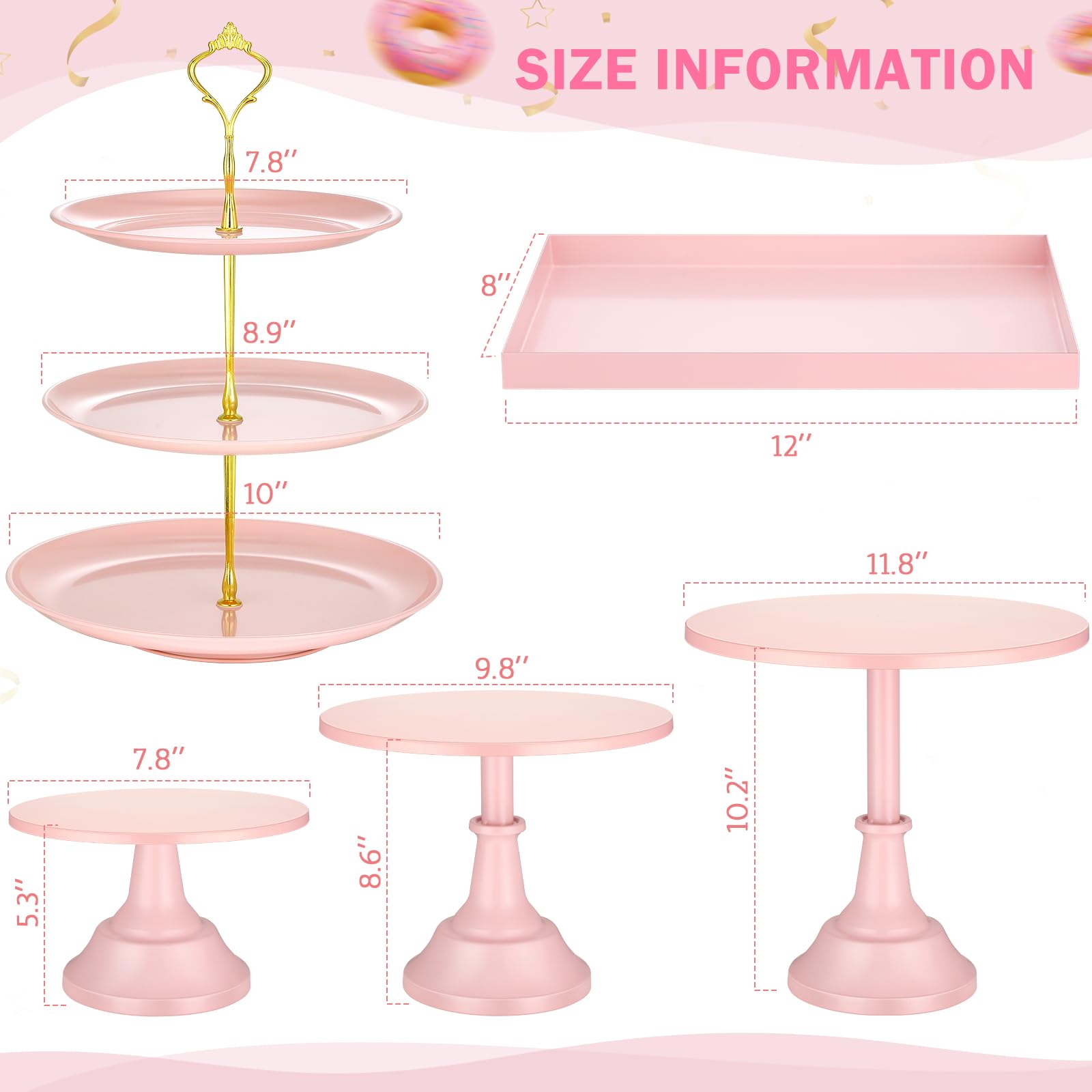 Tioncy 7 Pcs Cake Stand Set Metal Cupcake Holder Dessert Table Display Cupcake Display Plate Serving Platter Dessert Table Stands and Trays Set for Baby Shower Wedding Birthday Xmas Party (Pink)