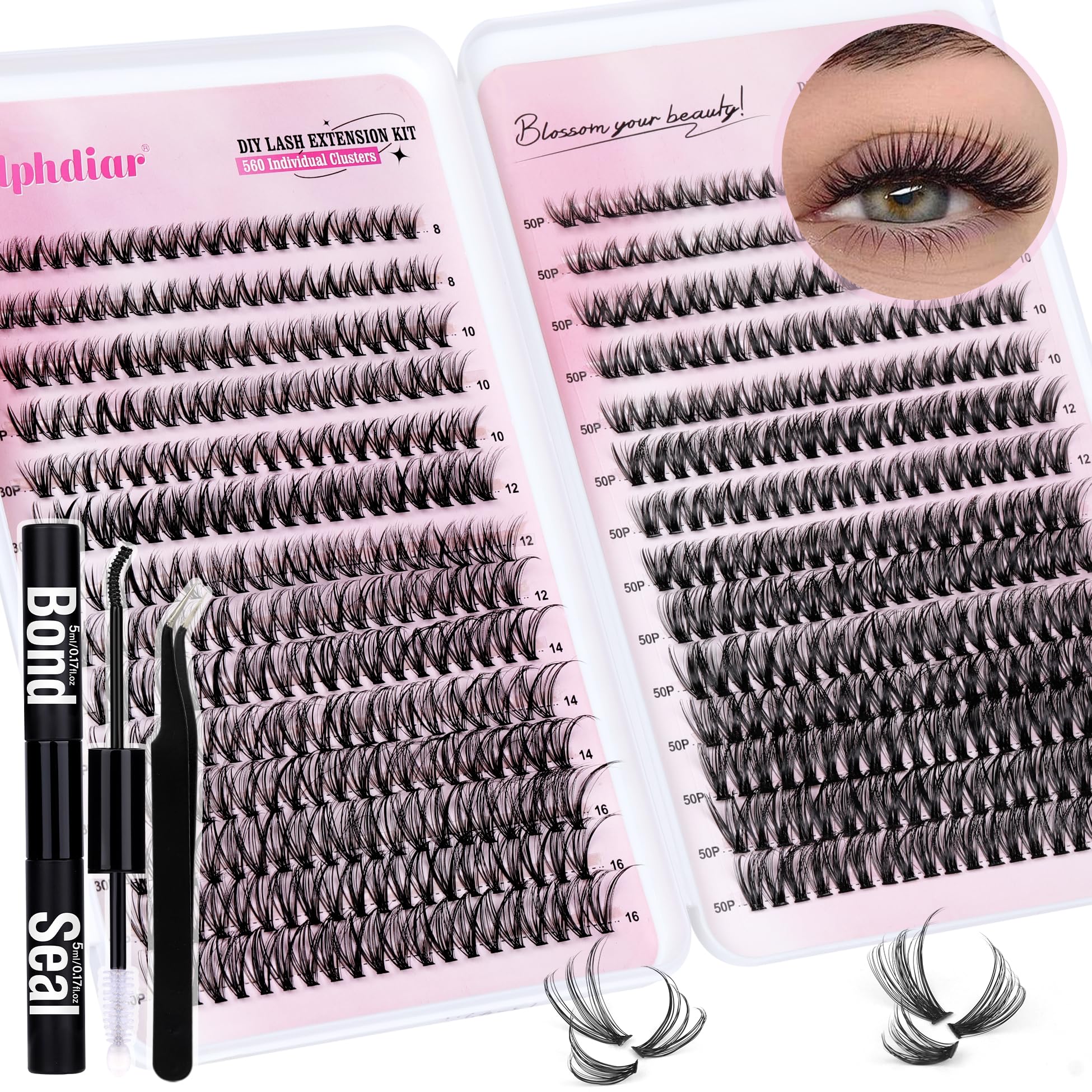 Lash Extension Kit 30D&50D Eyelash Extension Kit D Curl Lash Clusters Kit with Lash Bond and Seal 560 Pcs Natural Lashes Extension Kit with Lash Tweezers by Calphdiar (30D+50D-D-8-16MIX KIT)