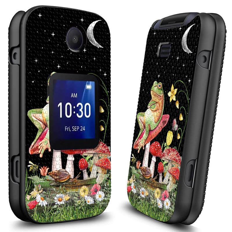 Case for Alcatel Go Flip 4 / TCL Flip Pro / TCL Flip Phone Case with Tempered Glass Screen Protector, Anti-Slip Kickstand Shockproof PC Stylish Cover for TCL Flip Pro, Mushroom and Frog Moon Stars