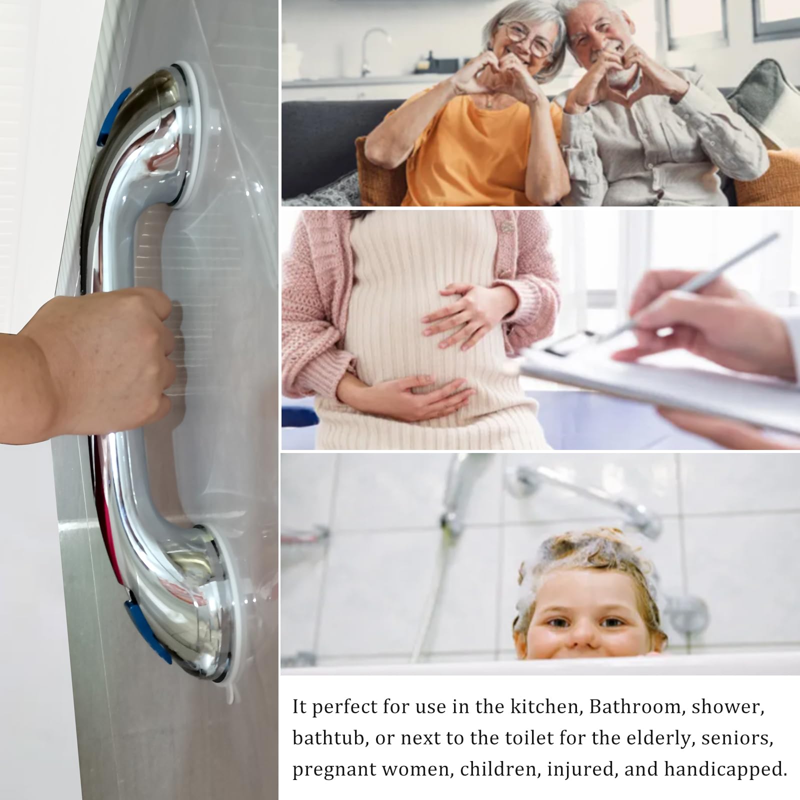 Shower Handle 16 inch Shower Grab Bar for Seniors and Elderly 2 Pack Strong Suction Cup Grab Bars for Bathroom and Showers Bathtub Grab Bar Waterproof, No Drilling Safety Assist Handle