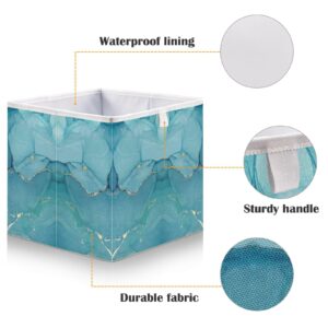 Rectangular Storage Bin Abstract Marble Aqua Foldable Storage Basket Toy Storage Box for Home Organizing Shelf Closet Bins, 15.8 x 10.6 x 7-Inch