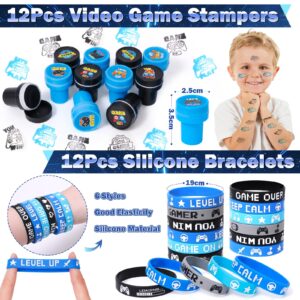 Winrayk 136Pcs Video Game Party Favors Gamer Birthday Supplies for Kids Boys Girl Drinking Straw VIP Pass Gift Bag Bracelet Stamper Luminous Tattoo Sticker Keychain Pinata Stuffers Gaming Party Favors