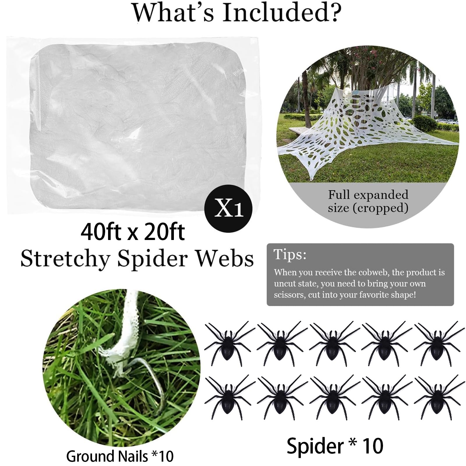 wymulot 800 Sqft Giant Spider Web Halloween Decorations Outdoor with 10 Small Spiders &10 Ground Nails Stretchy Beef Cloth Netting Cut-Your-Own Flexible Elastic for Yard Party Decor dongdongwang2