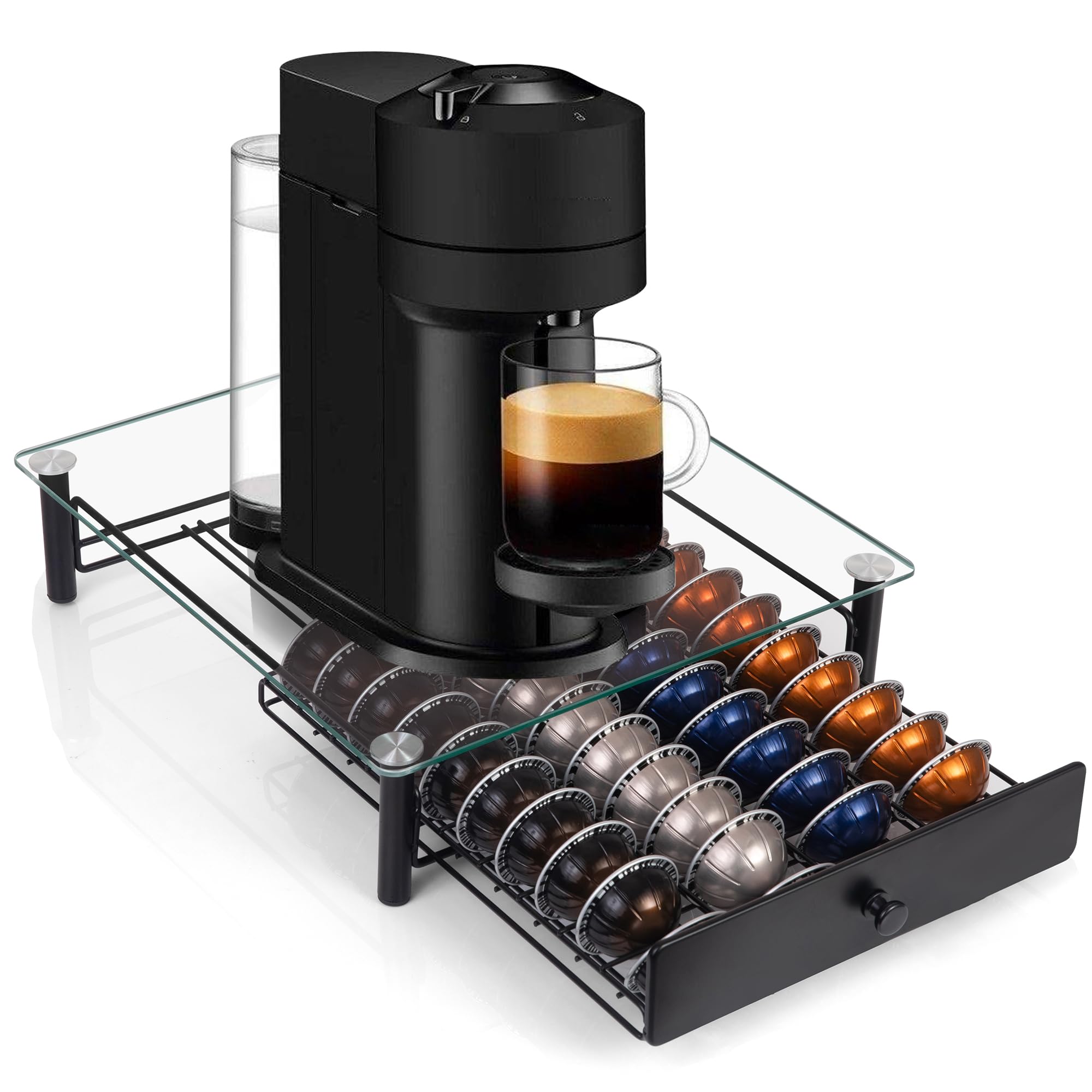 Tempered Glass Coffee Pod Drawer,Nespresso Vertuo Pod Holder Drawer for 40（1.35/2.7 floz) Vertuoline Pod, Nespresso Capsule Organizer Compatible with Vertuo Next Vertuo Plus,14.76"D x 12.99"W x 3.5"H