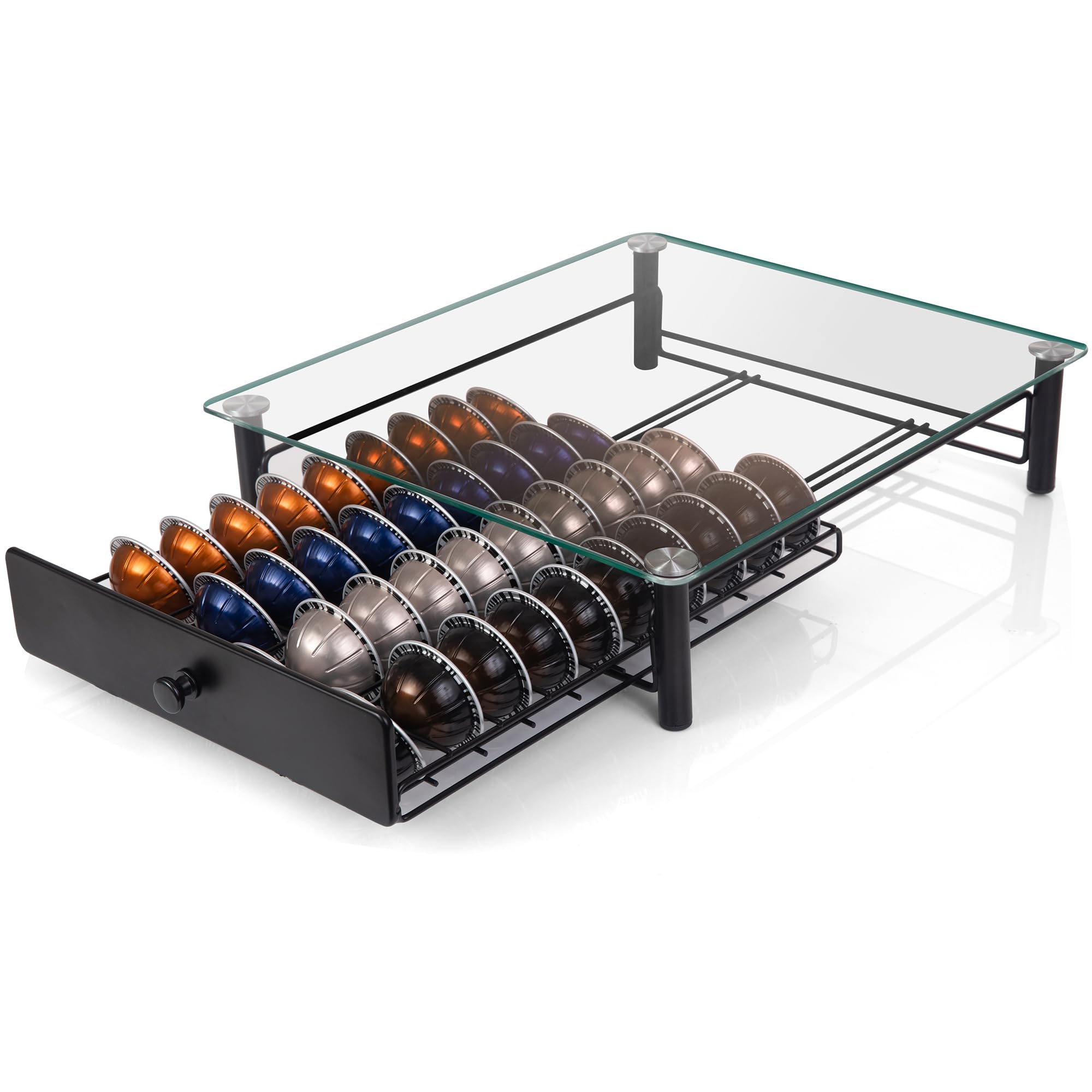 Tempered Glass Coffee Pod Drawer,Nespresso Vertuo Pod Holder Drawer for 40（1.35/2.7 floz) Vertuoline Pod, Nespresso Capsule Organizer Compatible with Vertuo Next Vertuo Plus,14.76"D x 12.99"W x 3.5"H