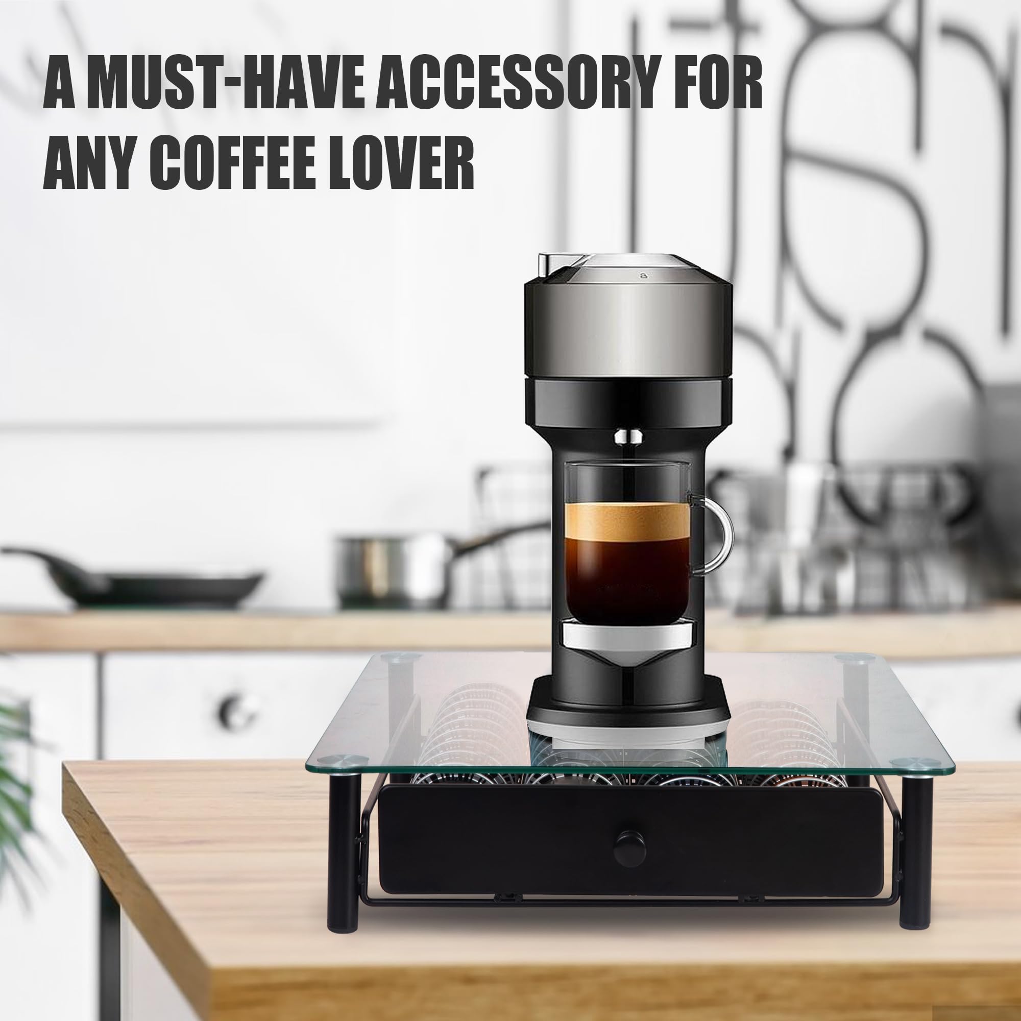 Tempered Glass Coffee Pod Drawer,Nespresso Vertuo Pod Holder Drawer for 40（1.35/2.7 floz) Vertuoline Pod, Nespresso Capsule Organizer Compatible with Vertuo Next Vertuo Plus,14.76"D x 12.99"W x 3.5"H