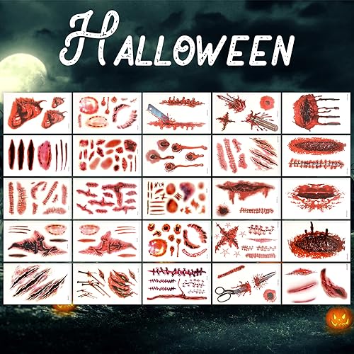 25 Sheets Halloween Zombie Temporary Tattoos, NEDEQI Plus-Size Scar Fake Blood Tattoos Waterproof Realistic Stitches Wound Temp Sticker for Zombie Makeup Chucky SFX Cosume Prank Cosplay Kids Men Women