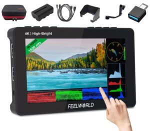 feelworld f6 pro +battery +charger+carry case 5.5 inch 1600nits touchscreen dslr camera field monitor with 3d lut f970 external kit install for power wireless transmission fhd 1920x1080 4k hdmi