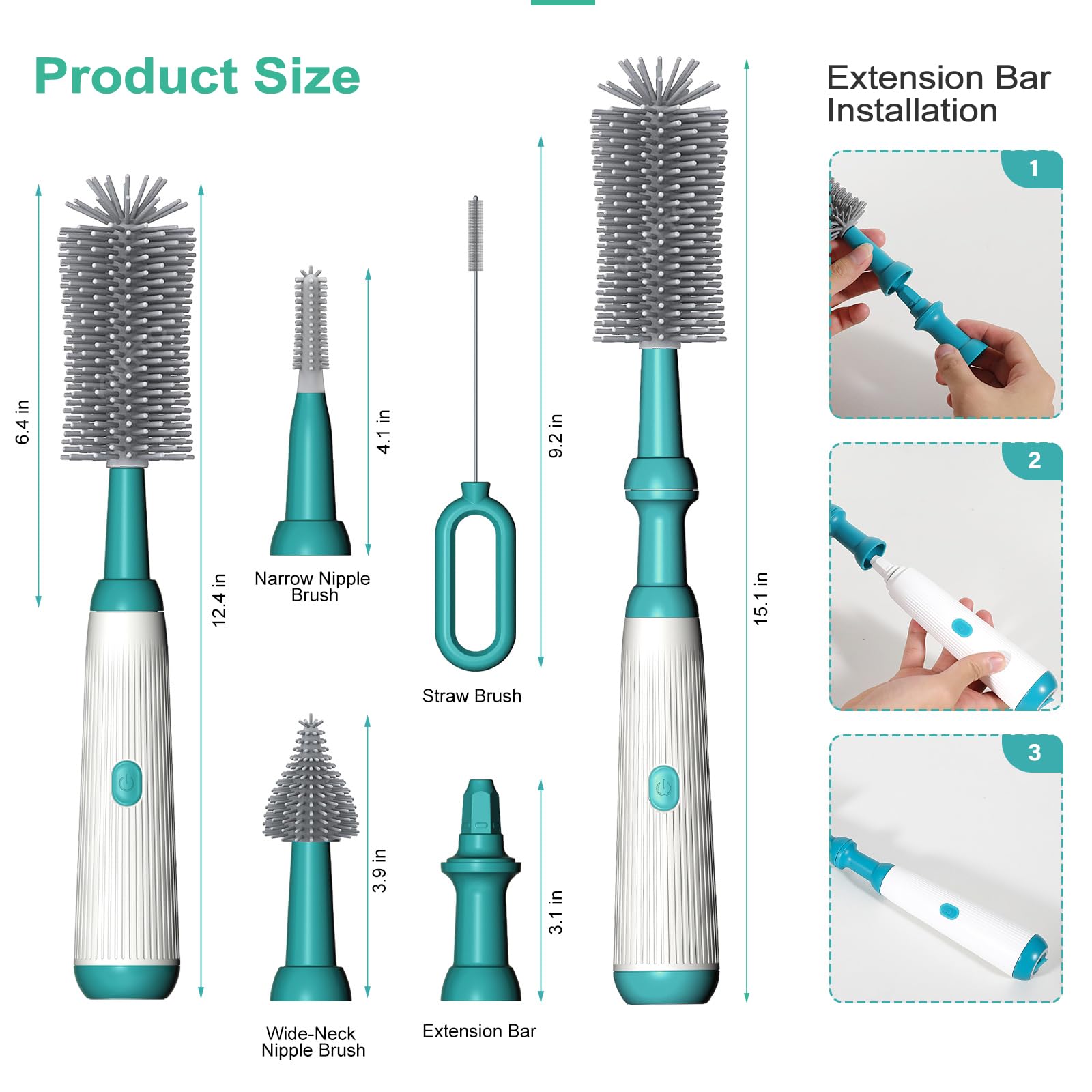 KINTTO Electric Bottle Brush Cleaner with Rechargeable, Cleaning for Baby/Water/Wine/Thermos Bottles, Waterproof 2 Nipple and Straw Silicone Brush 1500mAh