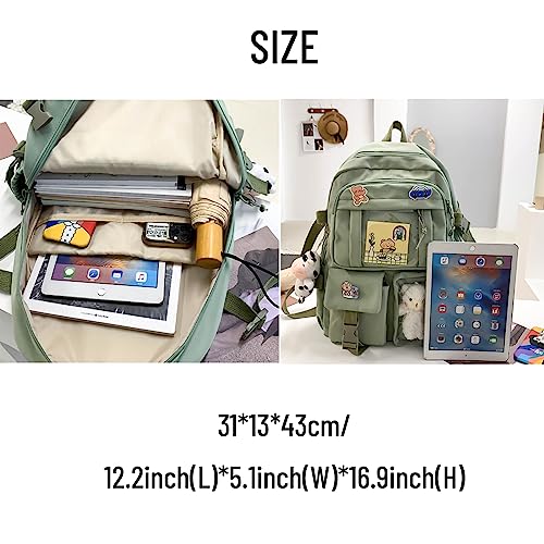 srdmuph Kawaii Backpack with Cute Accessories Pin Pendant Travel Laptop Bag Large Outdoor Waterproof Casual Daypack Women (Green)