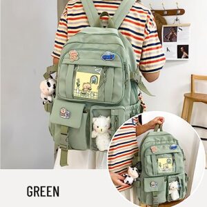 srdmuph Kawaii Backpack with Cute Accessories Pin Pendant Travel Laptop Bag Large Outdoor Waterproof Casual Daypack Women (Green)