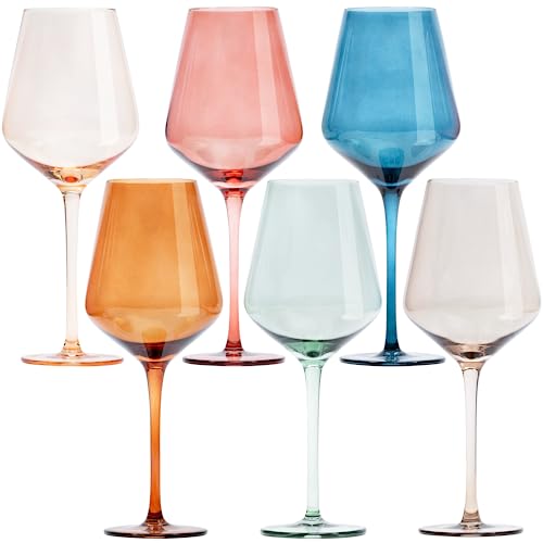 FyneDyne Boho Jewel-Toned Wine Glasses, Stained Cocktail Cups, Drinkware Bar Set for Rack, Set of 6 Stemmed Unique Drinking Glasses 16oz