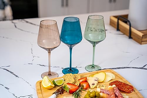 FyneDyne Boho Jewel-Toned Wine Glasses, Stained Cocktail Cups, Drinkware Bar Set for Rack, Set of 6 Stemmed Unique Drinking Glasses 16oz