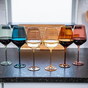 FyneDyne Boho Jewel-Toned Wine Glasses, Stained Cocktail Cups, Drinkware Bar Set for Rack, Set of 6 Stemmed Unique Drinking Glasses 16oz