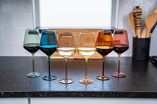 FyneDyne Boho Jewel-Toned Wine Glasses, Stained Cocktail Cups, Drinkware Bar Set for Rack, Set of 6 Stemmed Unique Drinking Glasses 16oz