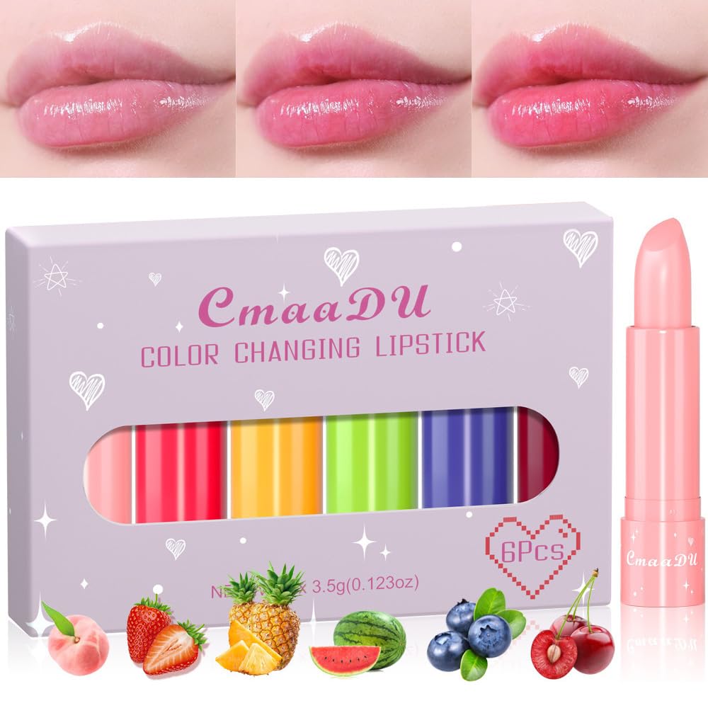 evpct 6Pcs Peach Strawberry Black Red Cherry Watermelon Blueberry Pineapple Tinted Lip Balms PH Lip Color Changing Lipstick Stain Set Queen for Women Girls Korean Mood Pink Lipstick Lip Tint Gloss