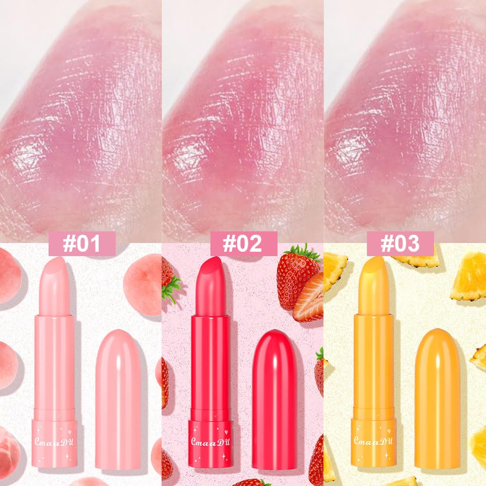 evpct 6Pcs Peach Strawberry Black Red Cherry Watermelon Blueberry Pineapple Tinted Lip Balms PH Lip Color Changing Lipstick Stain Set Queen for Women Girls Korean Mood Pink Lipstick Lip Tint Gloss