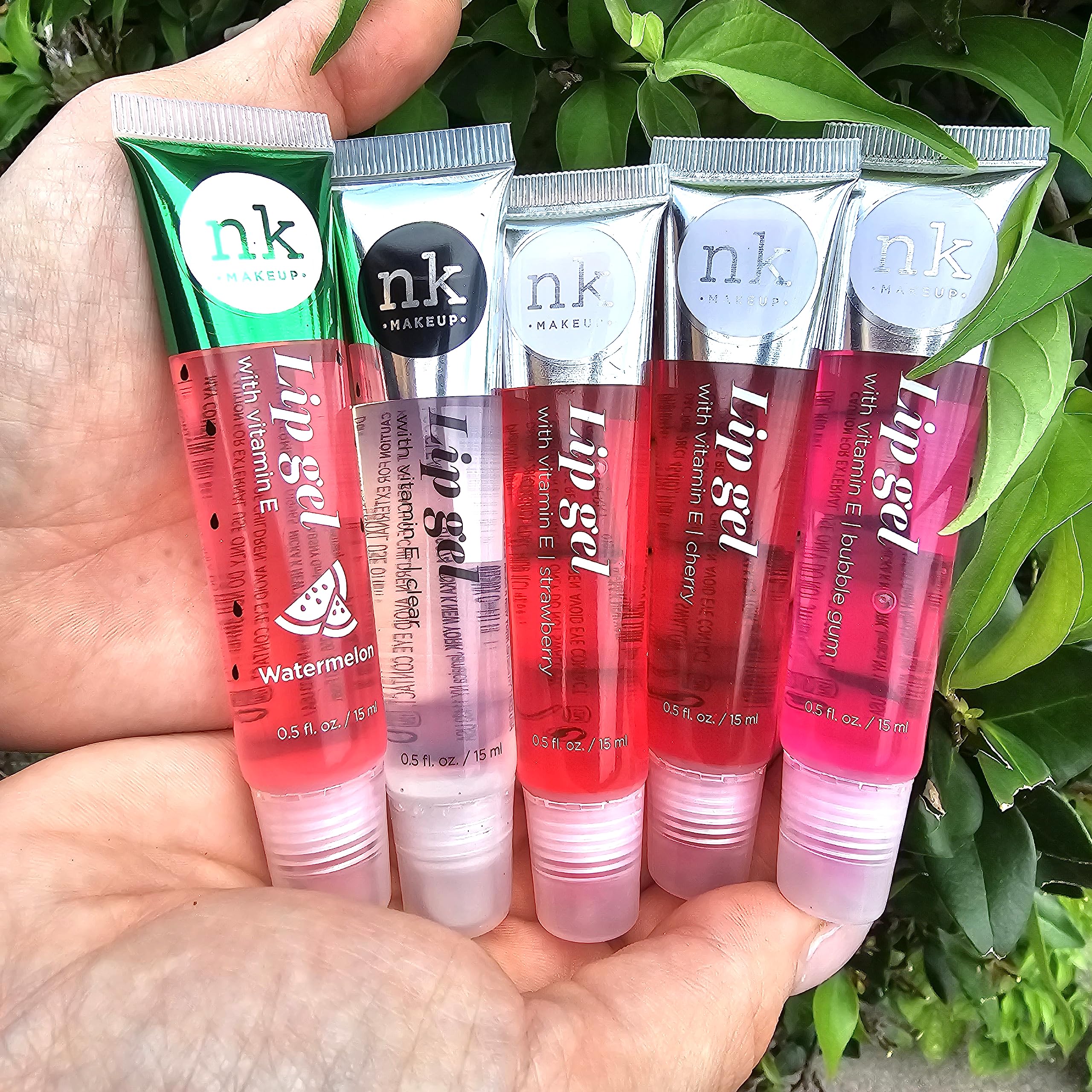 5 Pack Lip Gloss Set of Nicka K Lip Gels - Clear, Watermelon, Strawberry, Cherry, and Bubble Gum Hydrating Lip Glosses with Vitamin E