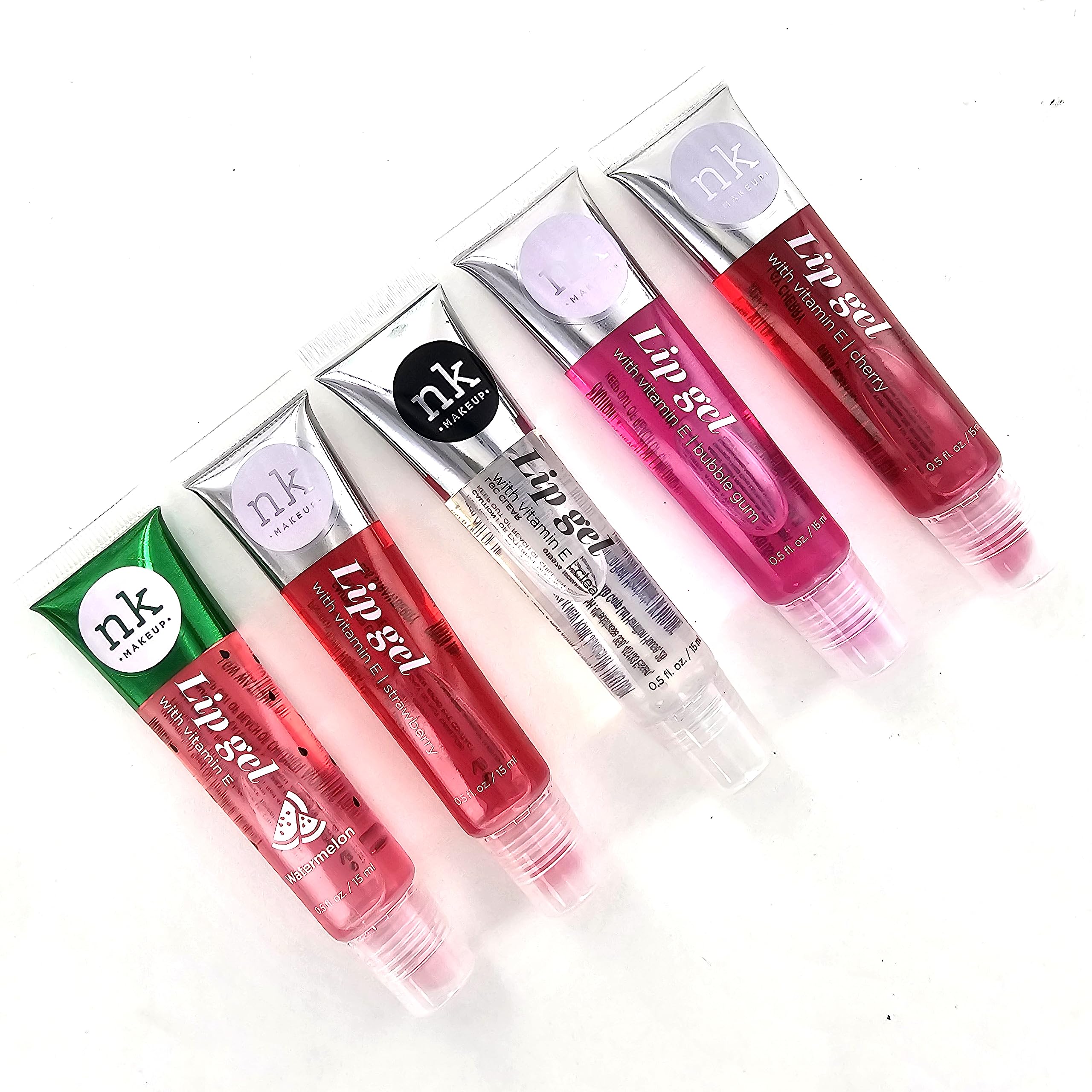 5 Pack Lip Gloss Set of Nicka K Lip Gels - Clear, Watermelon, Strawberry, Cherry, and Bubble Gum Hydrating Lip Glosses with Vitamin E