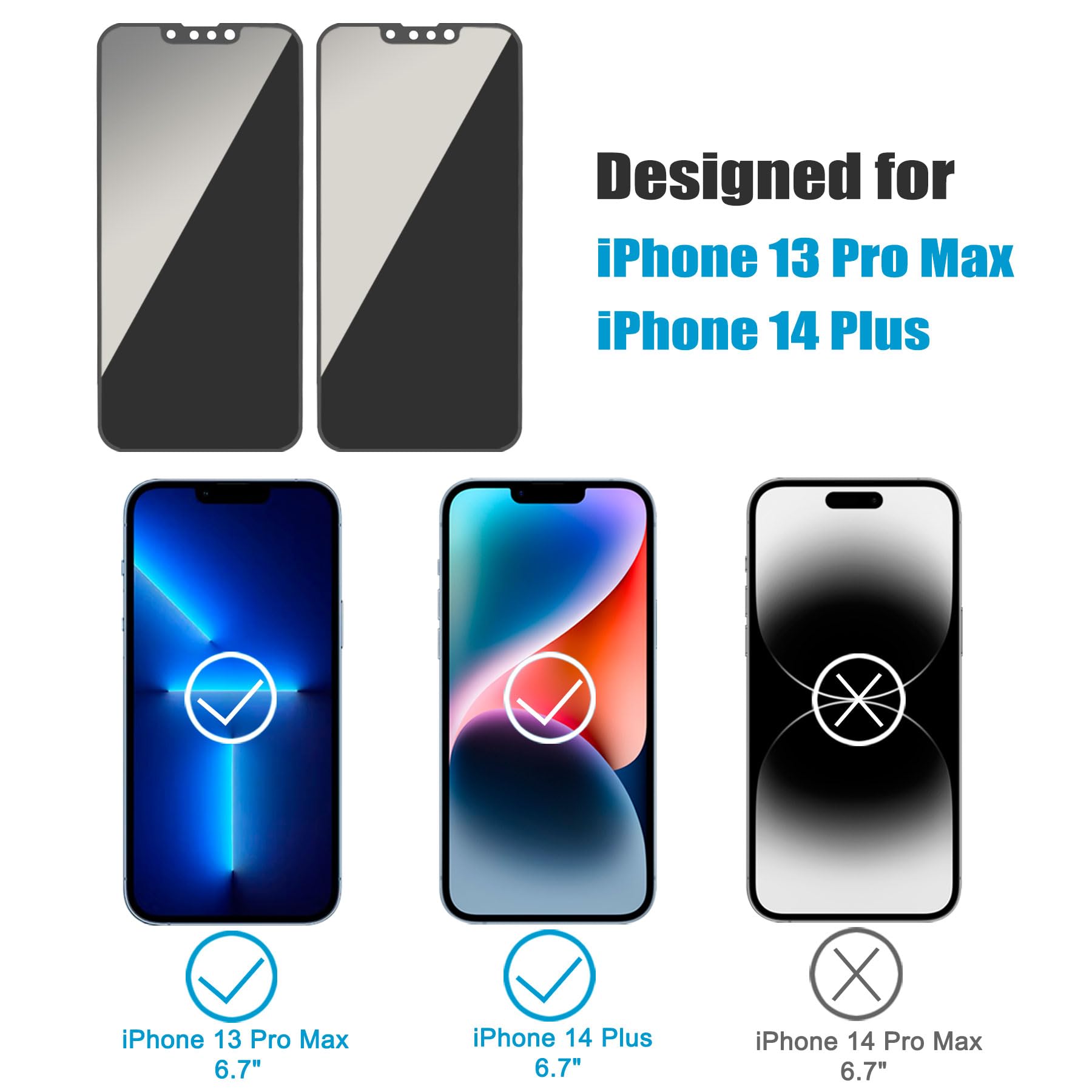 SOOPUR 2-Pack 4 Way Privacy Screen Protector for iPhone 13 Pro Max/iPhone 14 Plus, 360 Degree Horizontal and Vertical Anti-Spy Tempered Glass Film with Alignment Frame, Face ID Sensitive