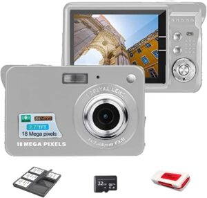 edealz 18mp megapixel digital camera kit with 2.7" lcd screen, rechargeable battery, 32gb sd card, card holder, card reader, hd photo & video for indoor, outdoor photography for adults, kids (silver)