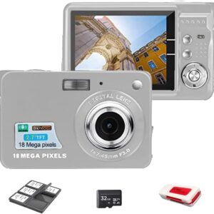 eDealz 18MP Megapixel Digital Camera Kit with 2.7" LCD Screen, Rechargeable Battery, 32GB SD Card, Card Holder, Card Reader, HD Photo & Video for Indoor, Outdoor Photography for Adults, Kids (Silver)