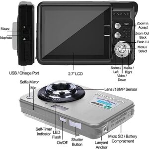 eDealz 18MP Megapixel Digital Camera Kit with 2.7" LCD Screen, Rechargeable Battery, 32GB SD Card, Card Holder, Card Reader, HD Photo & Video for Indoor, Outdoor Photography for Adults, Kids (Silver)