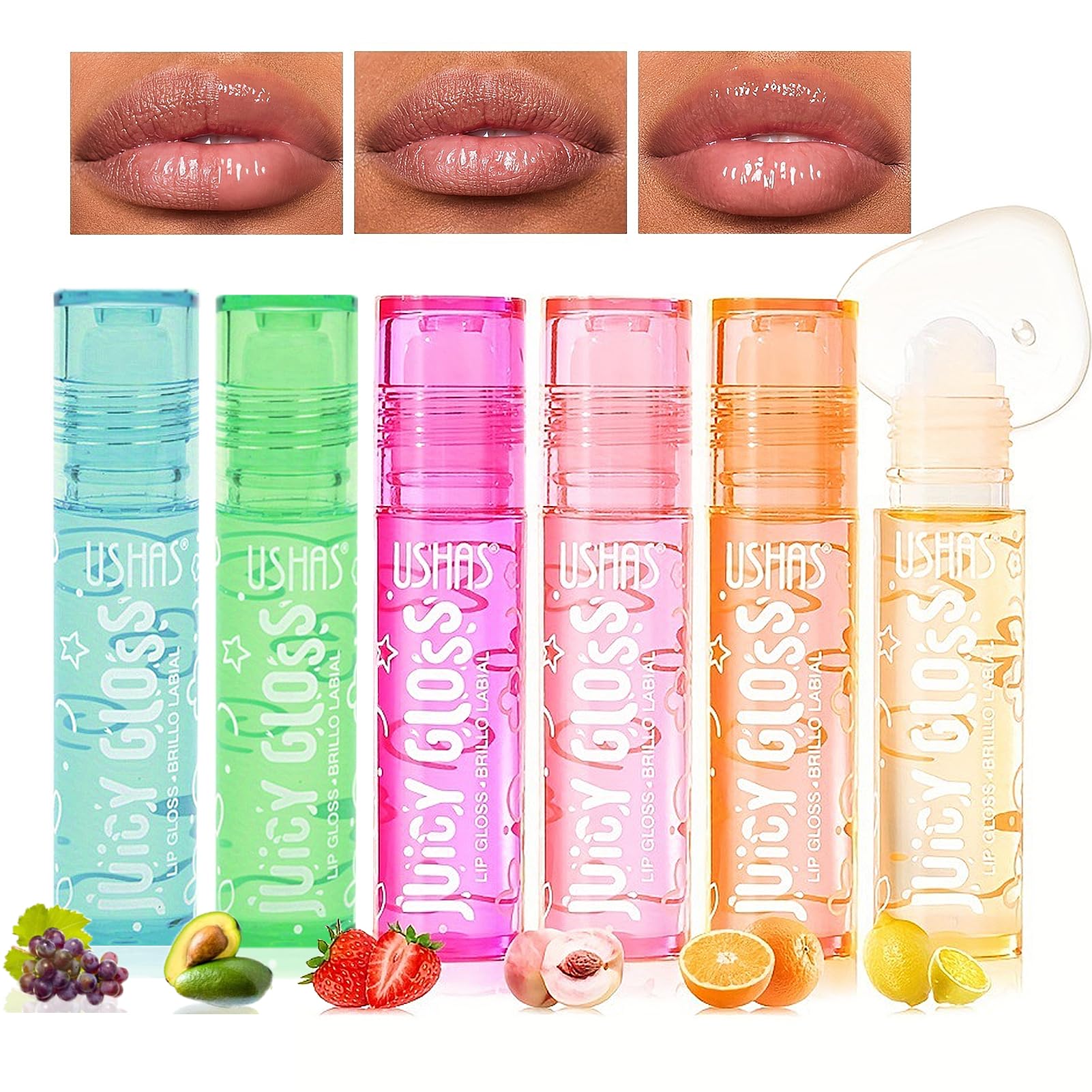 Roll On Lip Oil Hydrating Lip Gloss Set, 6 Colors Fruit Transparent Plumping Lip Gloss, Natural Shiny, Crystal Jelly Liquid Lipstick Non-Stick Cup Long Lasting Lip Care (A)