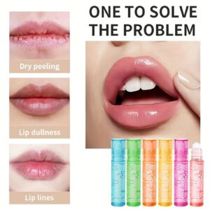 Roll On Lip Oil Hydrating Lip Gloss Set, 6 Colors Fruit Transparent Plumping Lip Gloss, Natural Shiny, Crystal Jelly Liquid Lipstick Non-Stick Cup Long Lasting Lip Care (A)