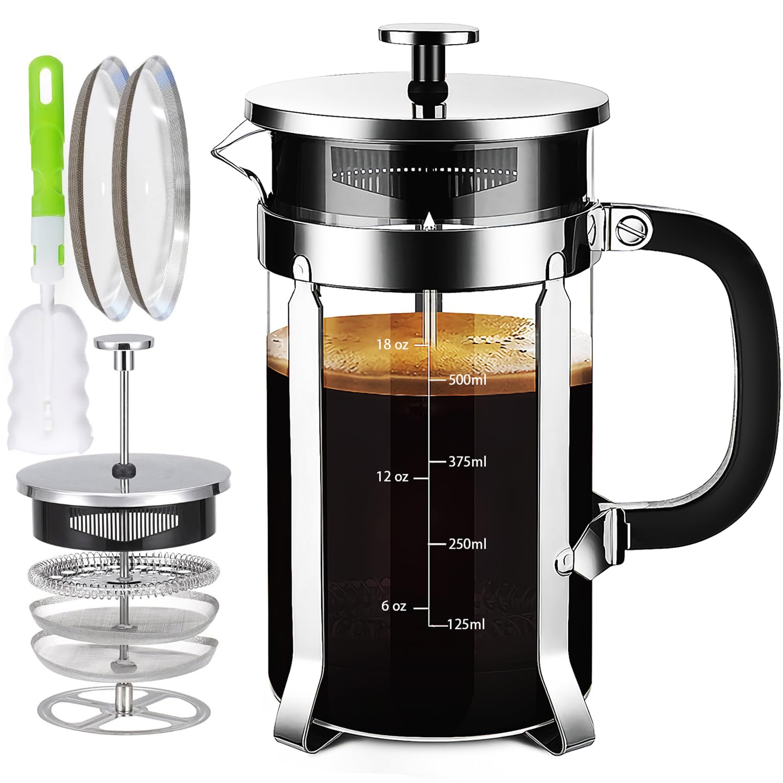 YMMIND French Press Coffee Maker 304 Stainless Steel Coffee Press,with 4 Filters System, Heat Resistant Thickness Borosilicate French Press Glass, BPA-Free Brewed Tea Pot Coffee Plunger