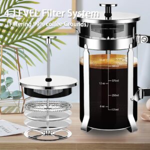 YMMIND French Press Coffee Maker 304 Stainless Steel Coffee Press,with 4 Filters System, Heat Resistant Thickness Borosilicate French Press Glass, BPA-Free Brewed Tea Pot Coffee Plunger