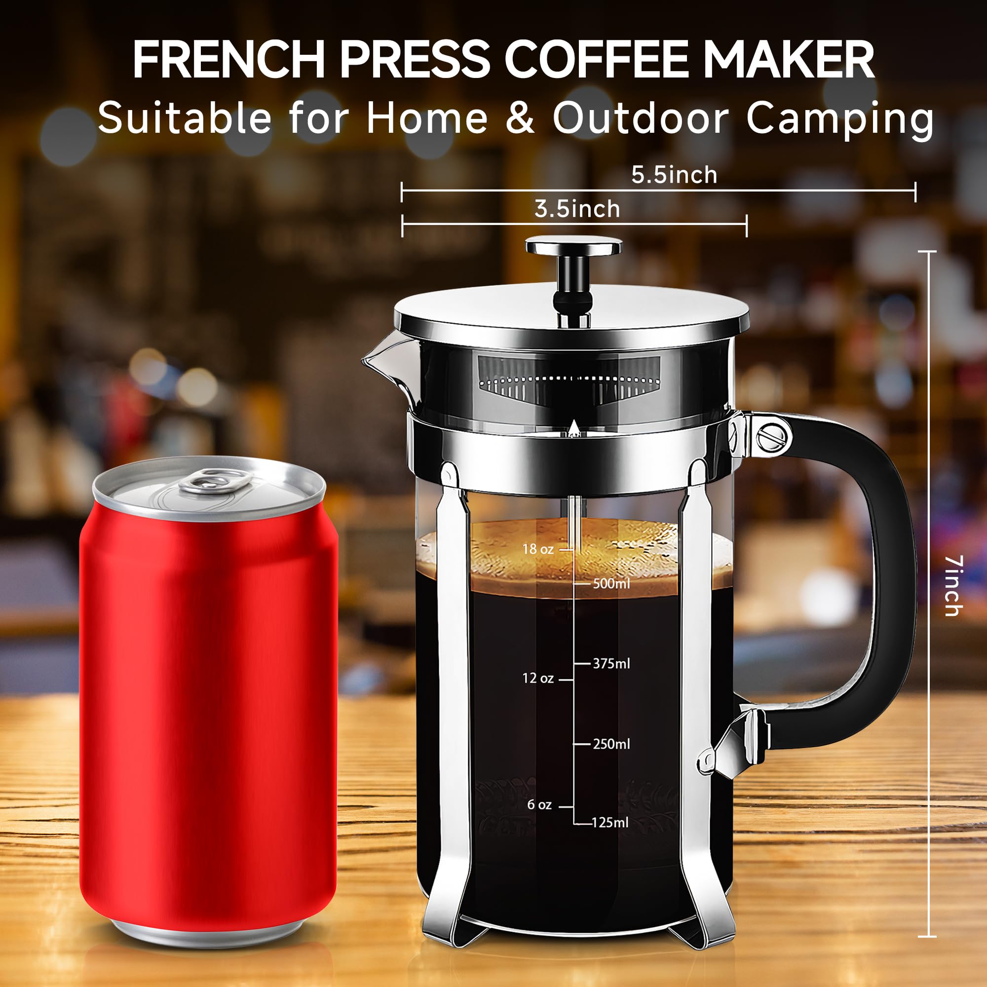 YMMIND French Press Coffee Maker 304 Stainless Steel Coffee Press,with 4 Filters System, Heat Resistant Thickness Borosilicate French Press Glass, BPA-Free Brewed Tea Pot Coffee Plunger