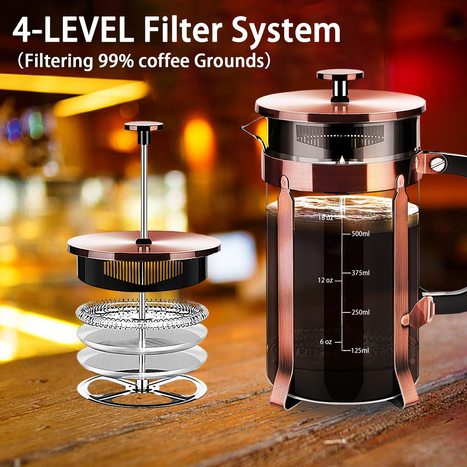 YMMIND French Press Coffee Maker 304 Stainless Steel Coffee Press,with 4 Filters System, Heat Resistant Thickness Borosilicate French Press Glass, BPA-Free Brewed Tea Pot Coffee Plunger