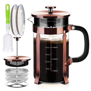 ymmind french press coffee maker 304 stainless steel coffee press,with 4 filters system, heat resistant thickness borosilicate french press glass, bpa-free brewed tea pot coffee plunger