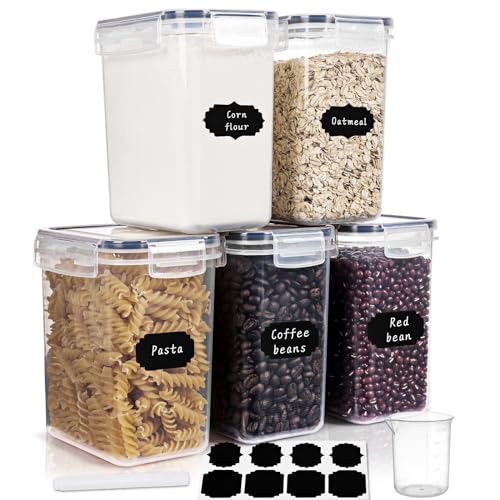 Moretoes 5 Pack 1.6L Airtight Food Storage Containers, 1.5qt Plastic Storage Boxes for Organiziting Kitchen with labels and Measuring Bottles, for Cereals, Beans,Sugar, Flour