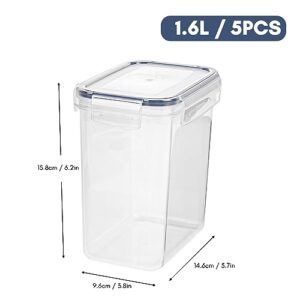 Moretoes 5 Pack 1.6L Airtight Food Storage Containers, 1.5qt Plastic Storage Boxes for Organiziting Kitchen with labels and Measuring Bottles, for Cereals, Beans,Sugar, Flour