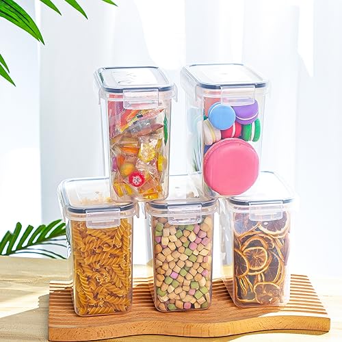 Moretoes 5 Pack 1.6L Airtight Food Storage Containers, 1.5qt Plastic Storage Boxes for Organiziting Kitchen with labels and Measuring Bottles, for Cereals, Beans,Sugar, Flour