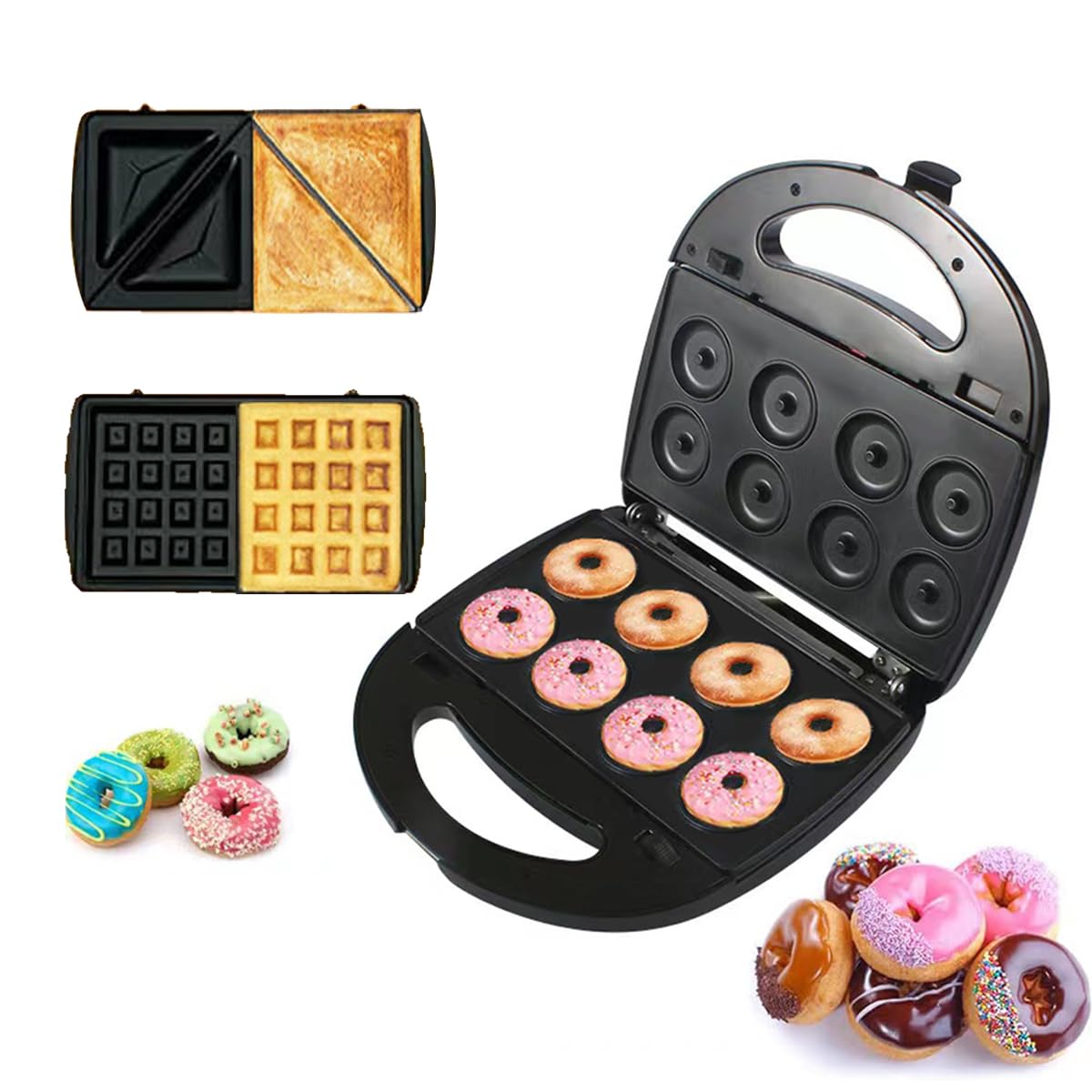 Baotkere Donut Maker, 3 in 1 Electric Waffles Sandwich Machine，Panini Press Grill Iron Set with 3 interchangeable Removable Non Stick Plates，750W Detachable Dessert Toaster, Perfect for Breakfast