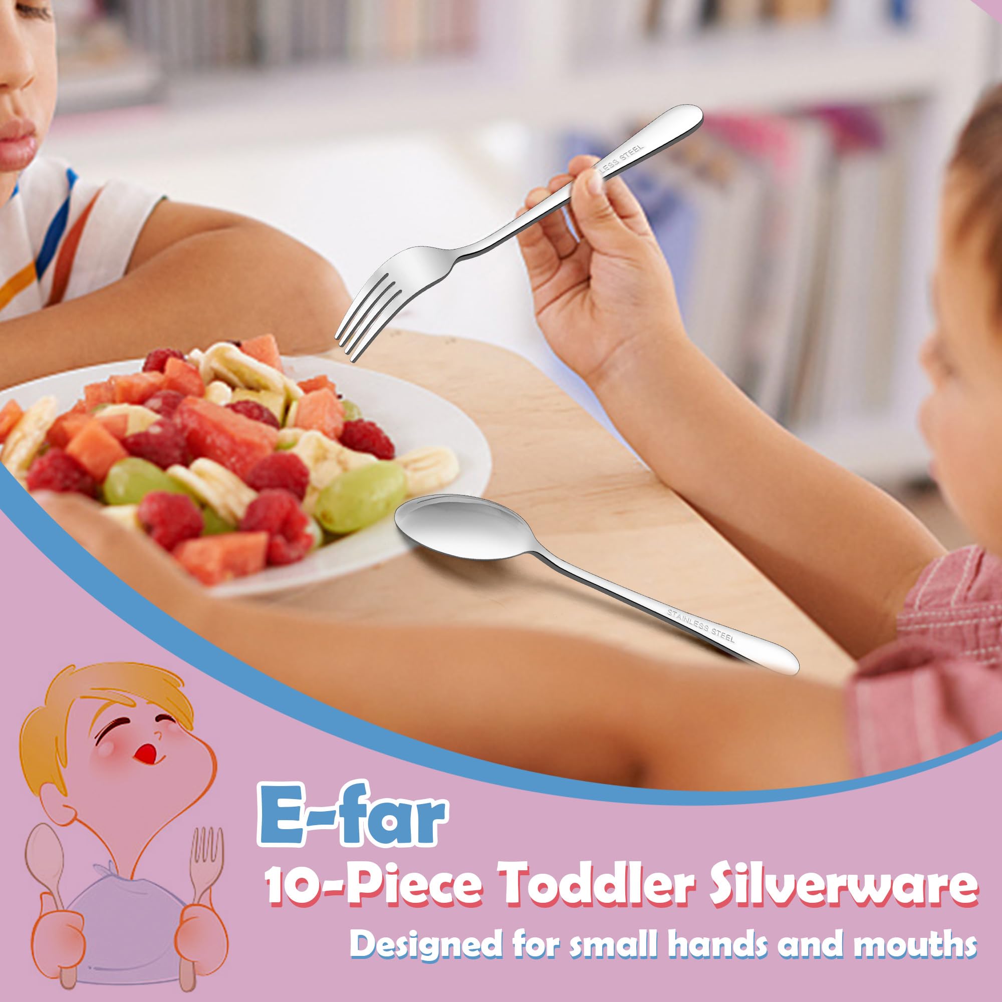 E-far Toddler Forks and Spoons Set, 10-Piece Stainless Steel Toddler Utensils Kids Safe Silverware for Self Feeding, Healthy & Non-Toxic, Dishwasher Safe