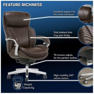 Serta iComfort i6000 Series Big & Tall Ergonomic Bonded Leather High-Back Executive Chair, Brown/Silver